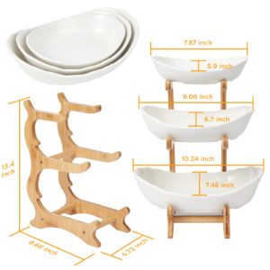 ERFEI Fruit Bowl Oval Ceramic Bowls with Wood Rack Tied Serving Tray Food Display Stand Bowl for Kitchen Counter, Home, Parties (3 tier)