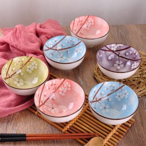 WHJY Cherry Bloom Chinese Japanese Ceramic Rice Bowl 10 oz, Sakura Bowl Gift Set, Serving Bowls Dinnerware Bowls for Rice, Cereal, Noodle, Soup, Desserts, Set of 6