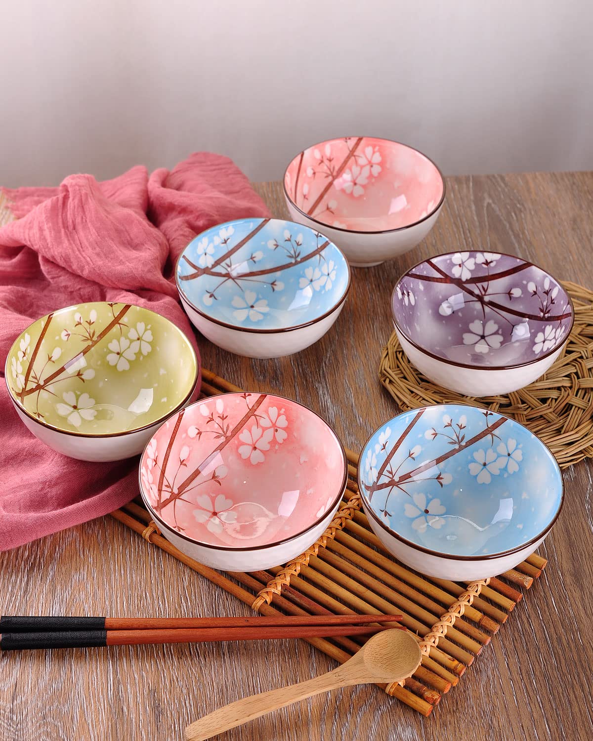 WHJY Cherry Bloom Chinese Japanese Ceramic Rice Bowl 10 oz, Sakura Bowl Gift Set, Serving Bowls Dinnerware Bowls for Rice, Cereal, Noodle, Soup, Desserts, Set of 6