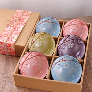 WHJY Cherry Bloom Chinese Japanese Ceramic Rice Bowl 10 oz, Sakura Bowl Gift Set, Serving Bowls Dinnerware Bowls for Rice, Cereal, Noodle, Soup, Desserts, Set of 6