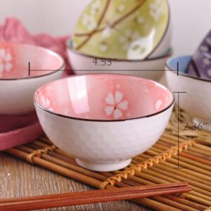 WHJY Cherry Bloom Chinese Japanese Ceramic Rice Bowl 10 oz, Sakura Bowl Gift Set, Serving Bowls Dinnerware Bowls for Rice, Cereal, Noodle, Soup, Desserts, Set of 6