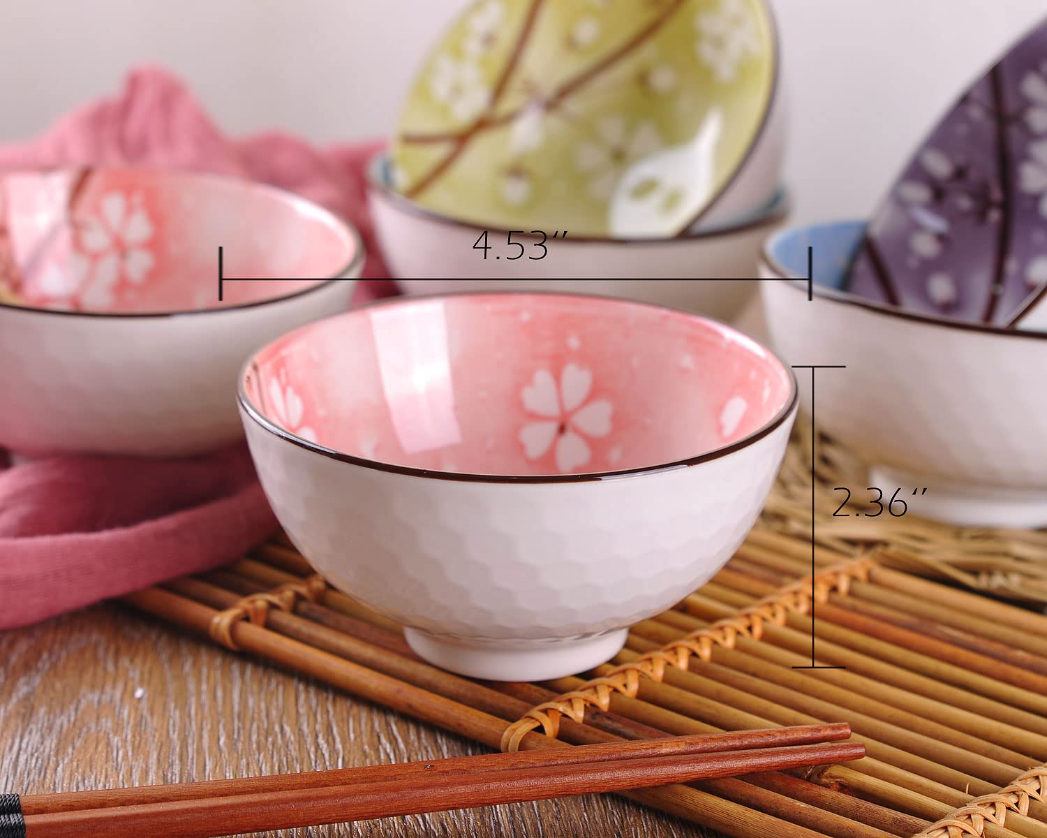 WHJY Cherry Bloom Chinese Japanese Ceramic Rice Bowl 10 oz, Sakura Bowl Gift Set, Serving Bowls Dinnerware Bowls for Rice, Cereal, Noodle, Soup, Desserts, Set of 6