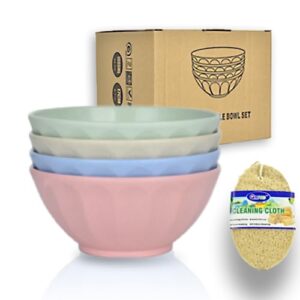 jsymjsy unbreakable bowl set, 26oz wheat straw cereal bowl, large plastic bowl reusable for soup noodle salad, lightweight for kitchen camping picnic rv, dishwasher & microwave safe, 4color