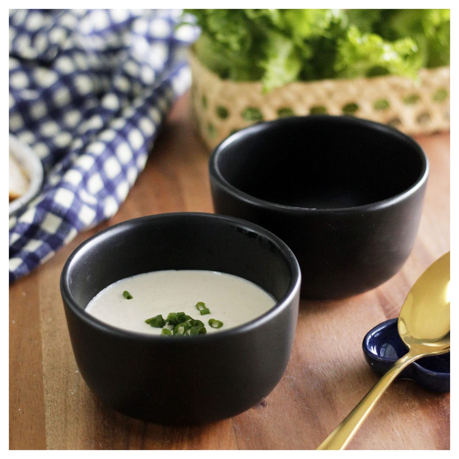 roro Handmade Ceramic Stoneware Matte Black Stoneware Fruit Salad and Miso Soup Bowls, 16 ounce (4.5 Inch Wide Bowl), Set of 2