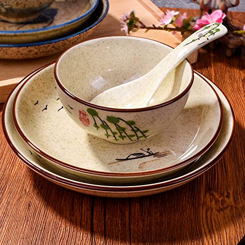 4-Piece Ceramic Dinnerware Set, Plate, Dish, Bowl, Spoon, Japanese Hand-painted Tableware set, A Good Gift