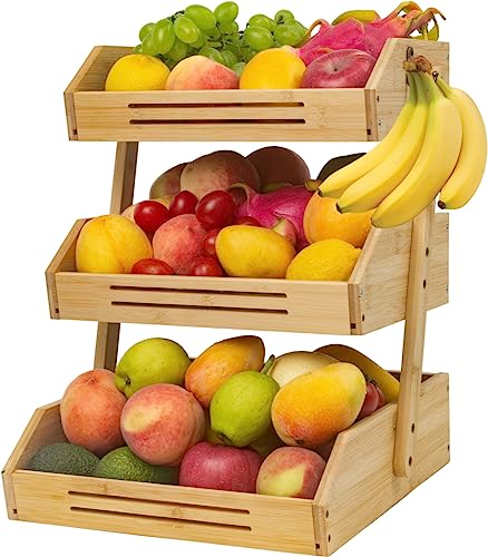 SINBDLAI Bamboo Fruit Basket, 3 Tier Fruit Basket for Kitchen Counter, Fruit Bowl for Kitchen Counter, Fruit and Vegetable Storage with 2 Banana Hangers