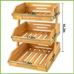 SINBDLAI Bamboo Fruit Basket, 3 Tier Fruit Basket for Kitchen Counter, Fruit Bowl for Kitchen Counter, Fruit and Vegetable Storage with 2 Banana Hangers