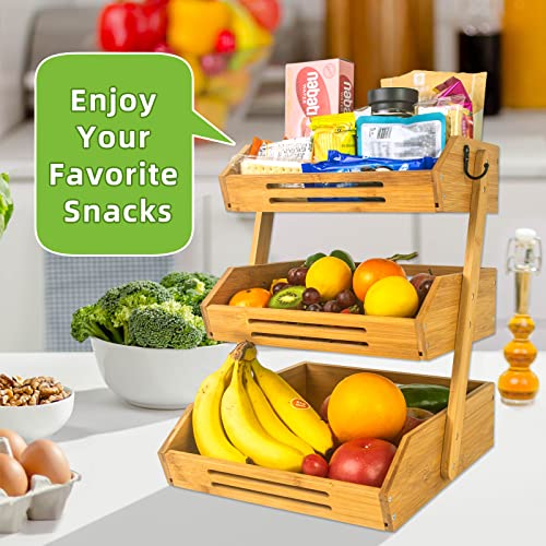 SINBDLAI Bamboo Fruit Basket, 3 Tier Fruit Basket for Kitchen Counter, Fruit Bowl for Kitchen Counter, Fruit and Vegetable Storage with 2 Banana Hangers