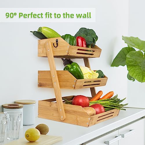 SINBDLAI Bamboo Fruit Basket, 3 Tier Fruit Basket for Kitchen Counter, Fruit Bowl for Kitchen Counter, Fruit and Vegetable Storage with 2 Banana Hangers