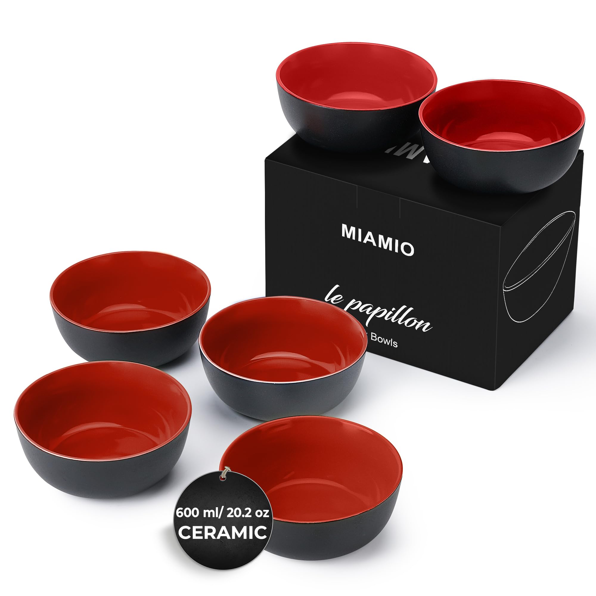 MIAMIO - 6 x 20.2 oz Stoneware Bowl Set Outside Black Inside Colourful - Le Papillon Collection