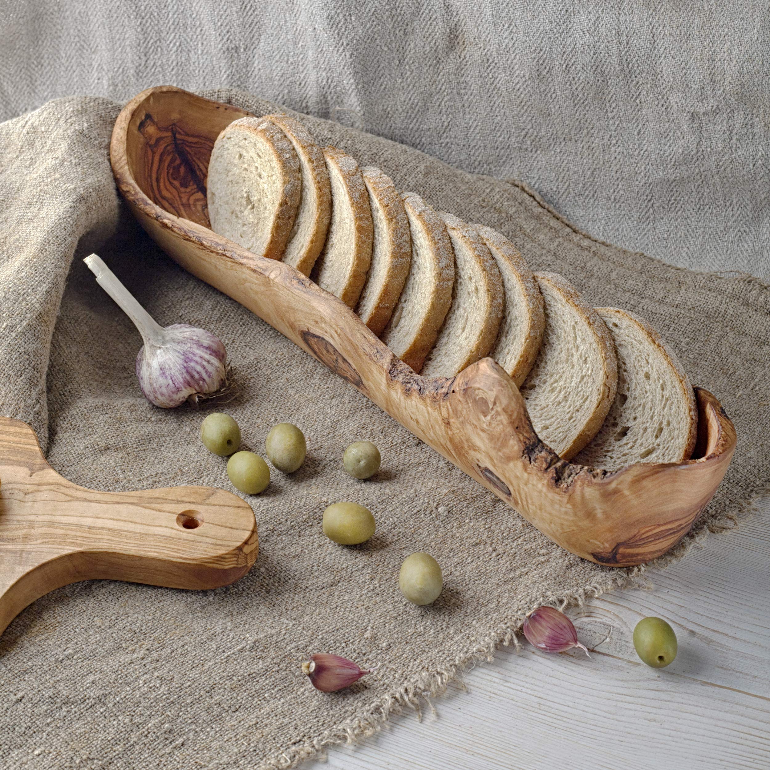 Forest Decor Olive Wood Decorative Bowls - 16" Long Natural Hand Carved Bread Bowl - Rustic Kitchen Decor for Serving Salad, Snack - Wood Farmhouse Fruit Bowl - Dining Dough Bowls Centerpieces