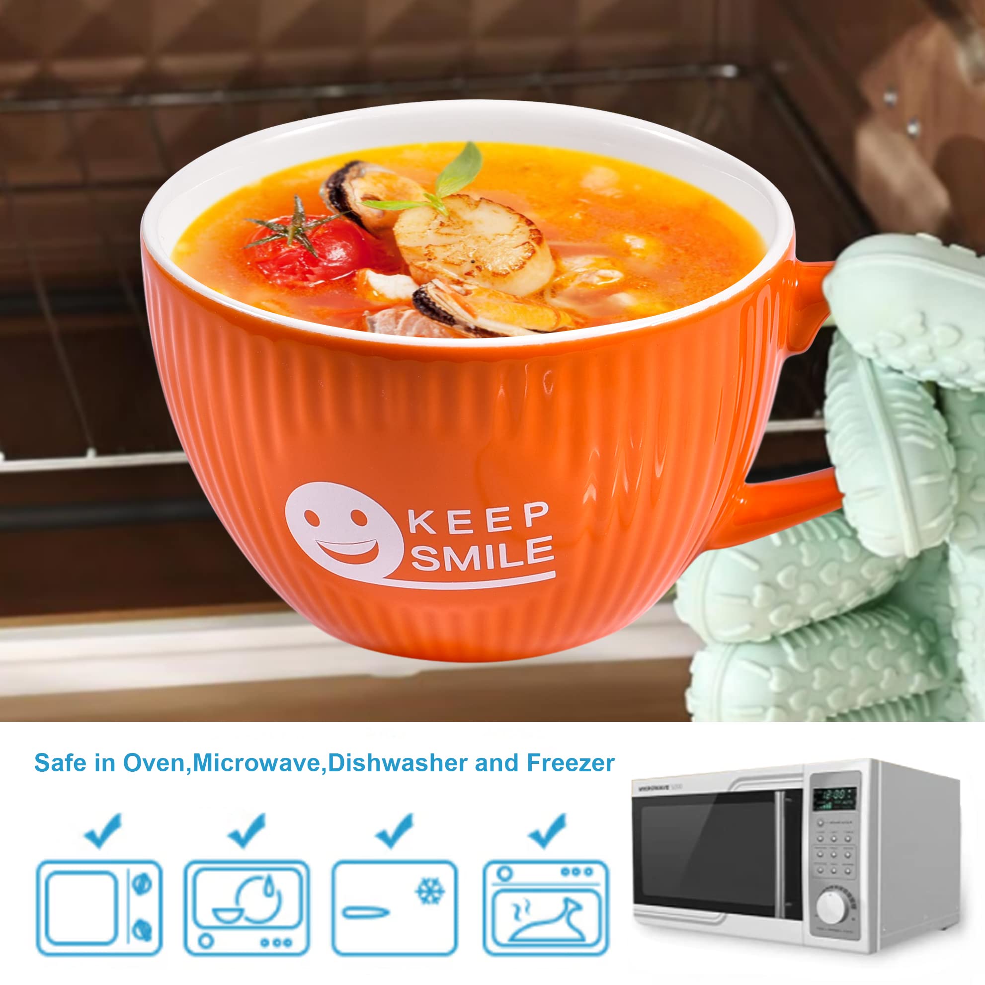 fMSDD 28oz Ceramic Meal Prep Bowl Soup Mug with Lid, Dishwasher & Microwave Safe, Lead-Free Food Container, Orange