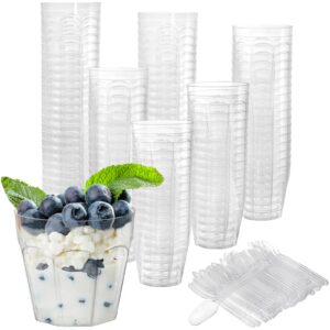 foraineam 100 pack 5 oz mini dessert cups with spoons, clear plastic parfait appetizer cup, disposable reusable serving bowl for party desserts, appetizers, puddings, mousse, fruit parfait