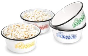 red co. set of 4 white enamelware metal classic 1.2 quart popcorn bowls, assorted color prints/black rim