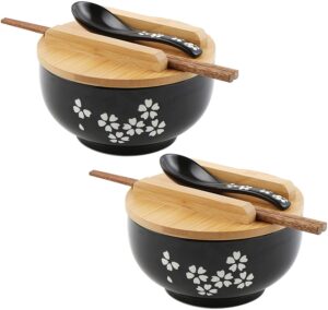 ramen bowl set, japanese ramen noodle bowls with lid spoon, large ceramic soup bowl, black hand drawn rice bowl retro tableware noodle bowl 6.5 inch-perfect gifts