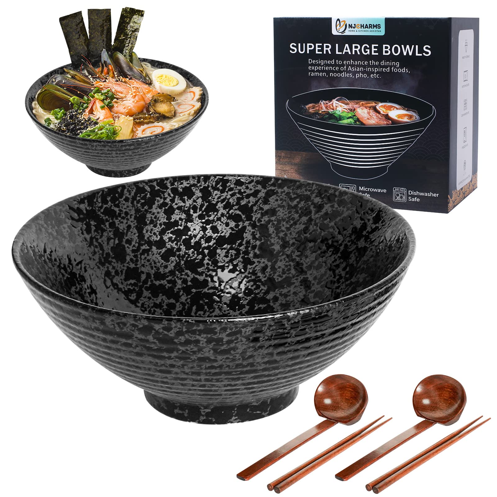 NJCHARMS Japanese Ceramic Ramen Bowls, 42 Oz Noodles Bowls, Premium Large Porcelain Soup Bowl for Kitchen, Set of 2,Black Ramen Bowl