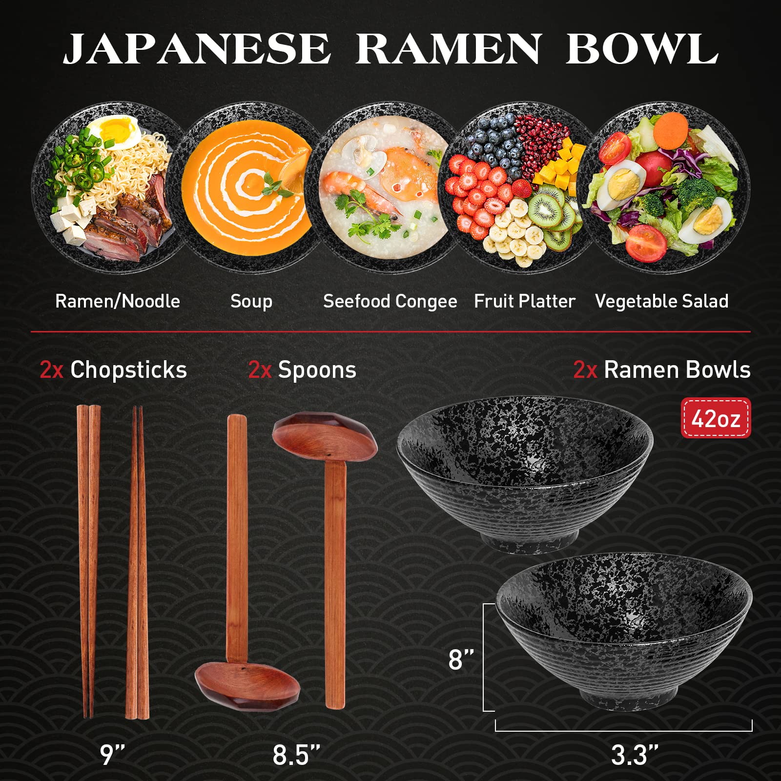 NJCHARMS Japanese Ceramic Ramen Bowls, 42 Oz Noodles Bowls, Premium Large Porcelain Soup Bowl for Kitchen, Set of 2,Black Ramen Bowl