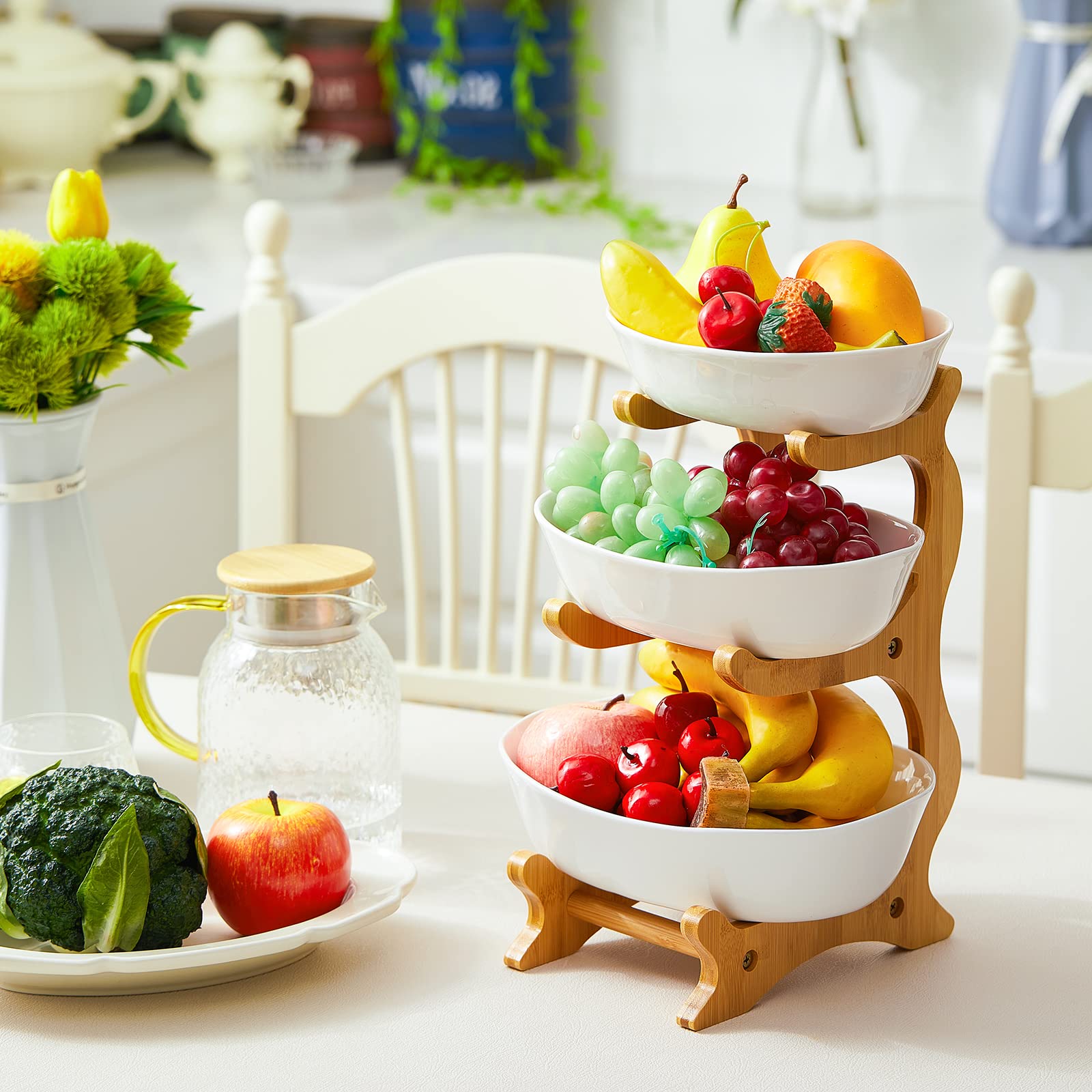 3 Tiered Fruit Basket Fruit Bowl for Kitchen Counter Fruit Bowl Bamboo Large Capacity Vegetable Storage Stand Wood Basket with 3 Pieces Porcelain Fruit Bowl Effortless to Clean Ceramic Fruit Holder