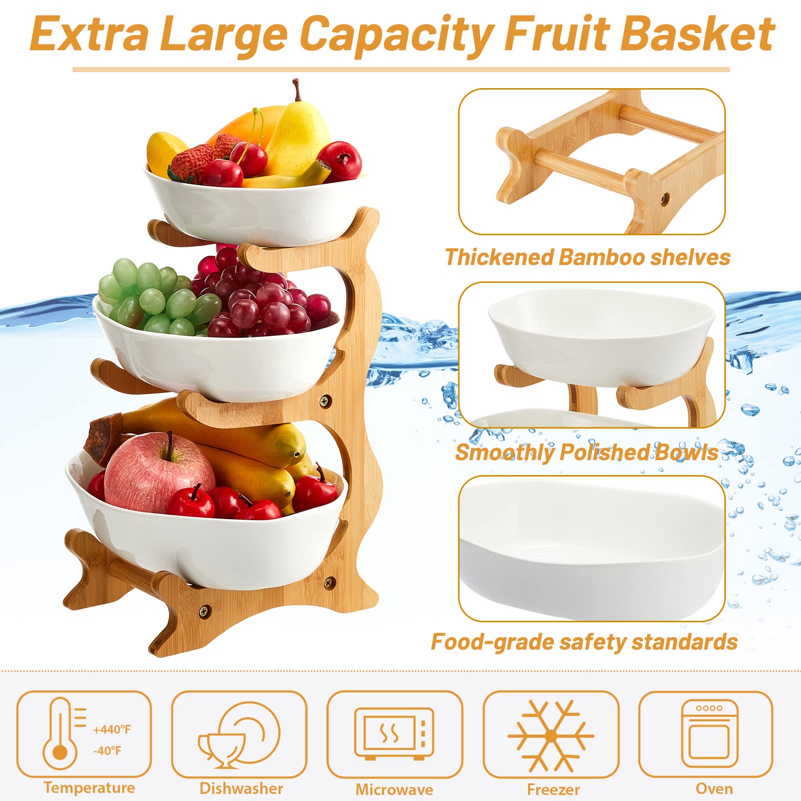 3 Tiered Fruit Basket Fruit Bowl for Kitchen Counter Fruit Bowl Bamboo Large Capacity Vegetable Storage Stand Wood Basket with 3 Pieces Porcelain Fruit Bowl Effortless to Clean Ceramic Fruit Holder