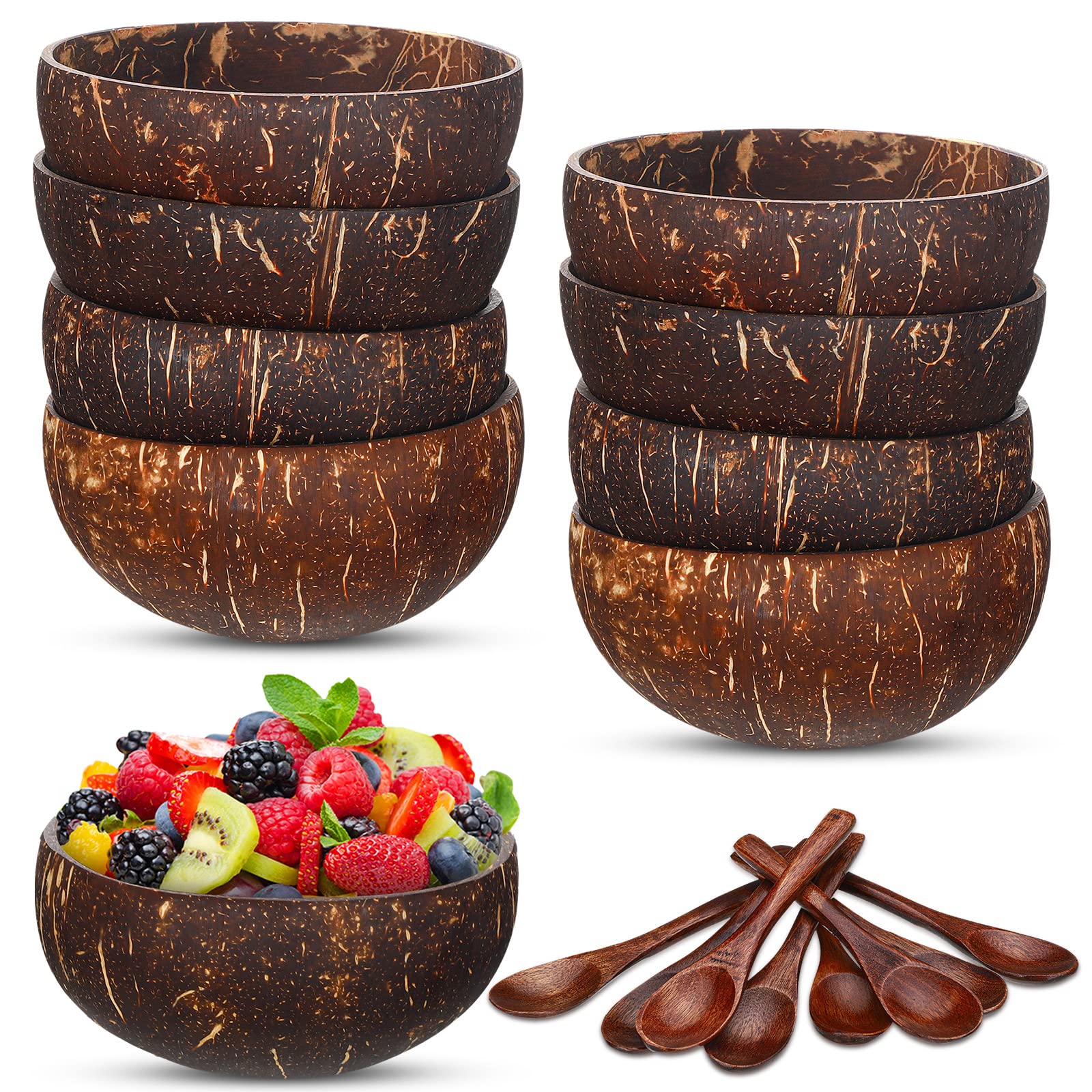 Hoolerry 8 Set Coconut Bowls and Wooden Spoon Set Smoothie Bowls and Spoons Coconut Shells Buddha and Salad Bowls for Vegan Gifts Kitchen Serving