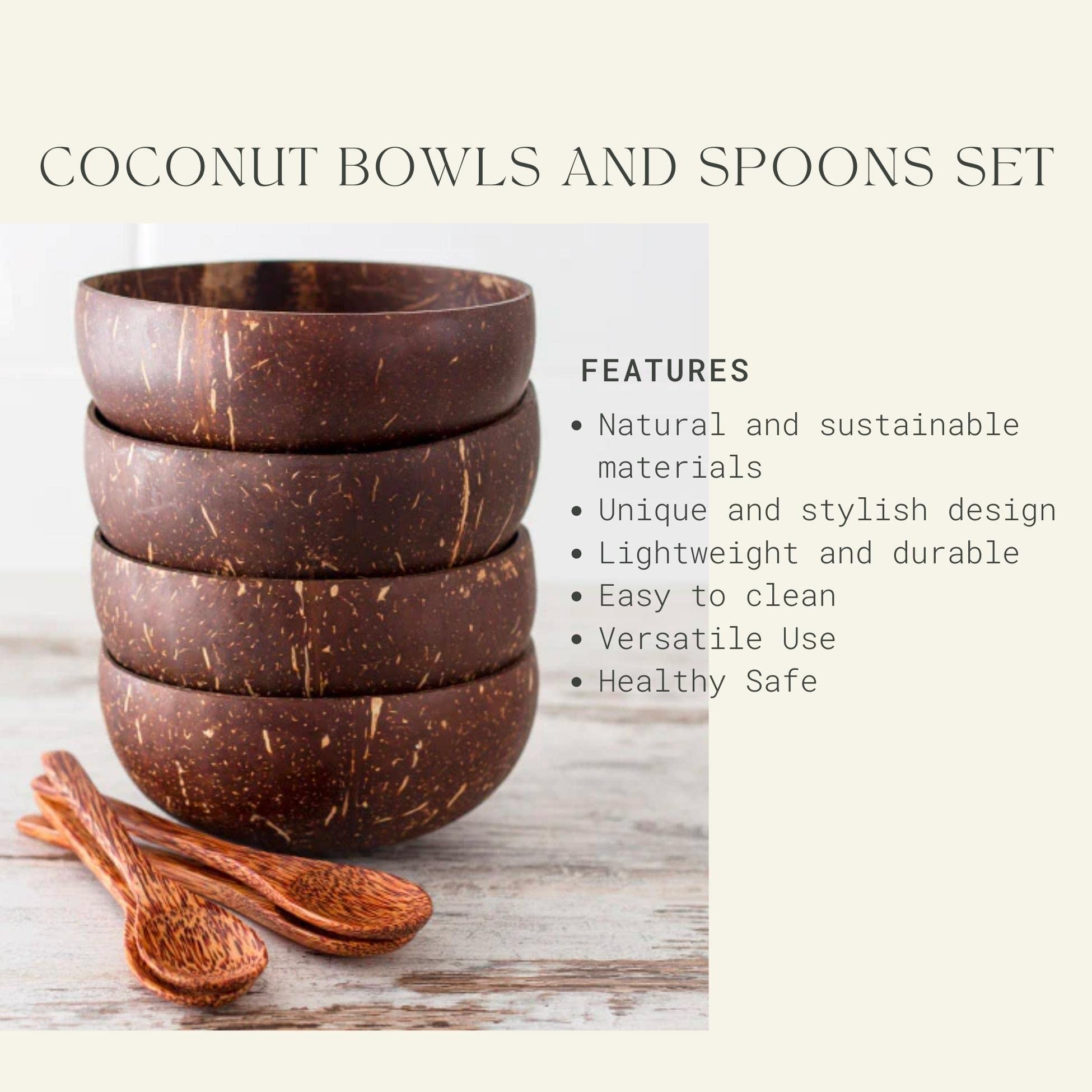 Natural Craft Coconut Bowls and Spoons set (Set of 4)