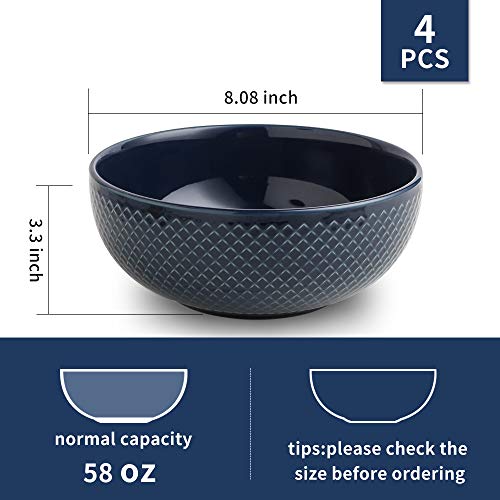 KOOV 58 OZ Large Serving Bowl Set, Ceramic Large Salad Bowls Set, Large Soup Bowl, Big Bowls for Eating Pasta, Cereal, Pho Bowls Set of 3, Embossed Series (Aegean)