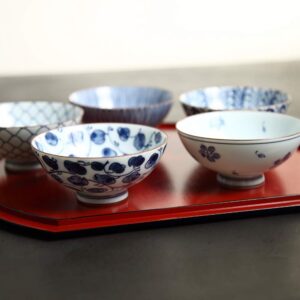 Mino Ware Japanese Pottery Set - Traditional Japanese Rice Bowls - Blue and White Asian Bowls - Hand Painted Bowls - Premium Japanese Ceramic - 5 pieces Japanese Soup Bowl Set