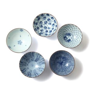 Mino Ware Japanese Pottery Set - Traditional Japanese Rice Bowls - Blue and White Asian Bowls - Hand Painted Bowls - Premium Japanese Ceramic - 5 pieces Japanese Soup Bowl Set