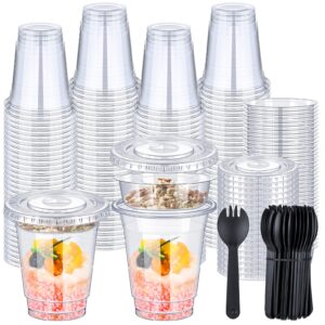 willbond 100 sets 12oz clear plastic parfait cups with flat lids insert yogurt fruit parfait cups spill and anti leak dessert disposable cups with spoons for yogurt parfait, fruits veggies and dips