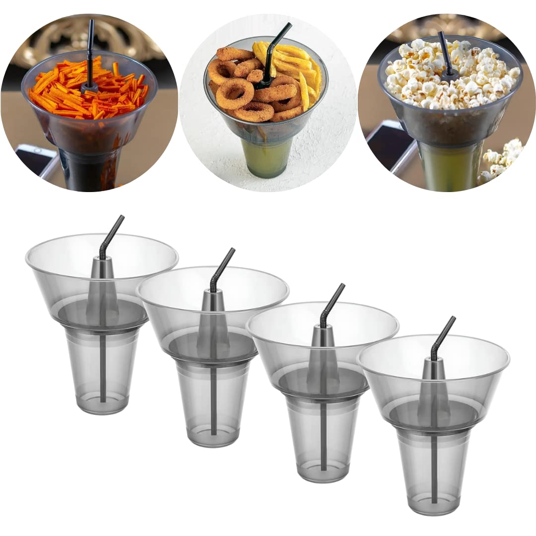 EYNEL Stack n' Sip Snack Cups, 4 Pack Reusable Plastic Drink and Snack Cups with Straws Stadium Tumbler with Top Bowl for French Fries and Coke Perfect for One-Handed On-The-Go Usage (Round, 4, Count)