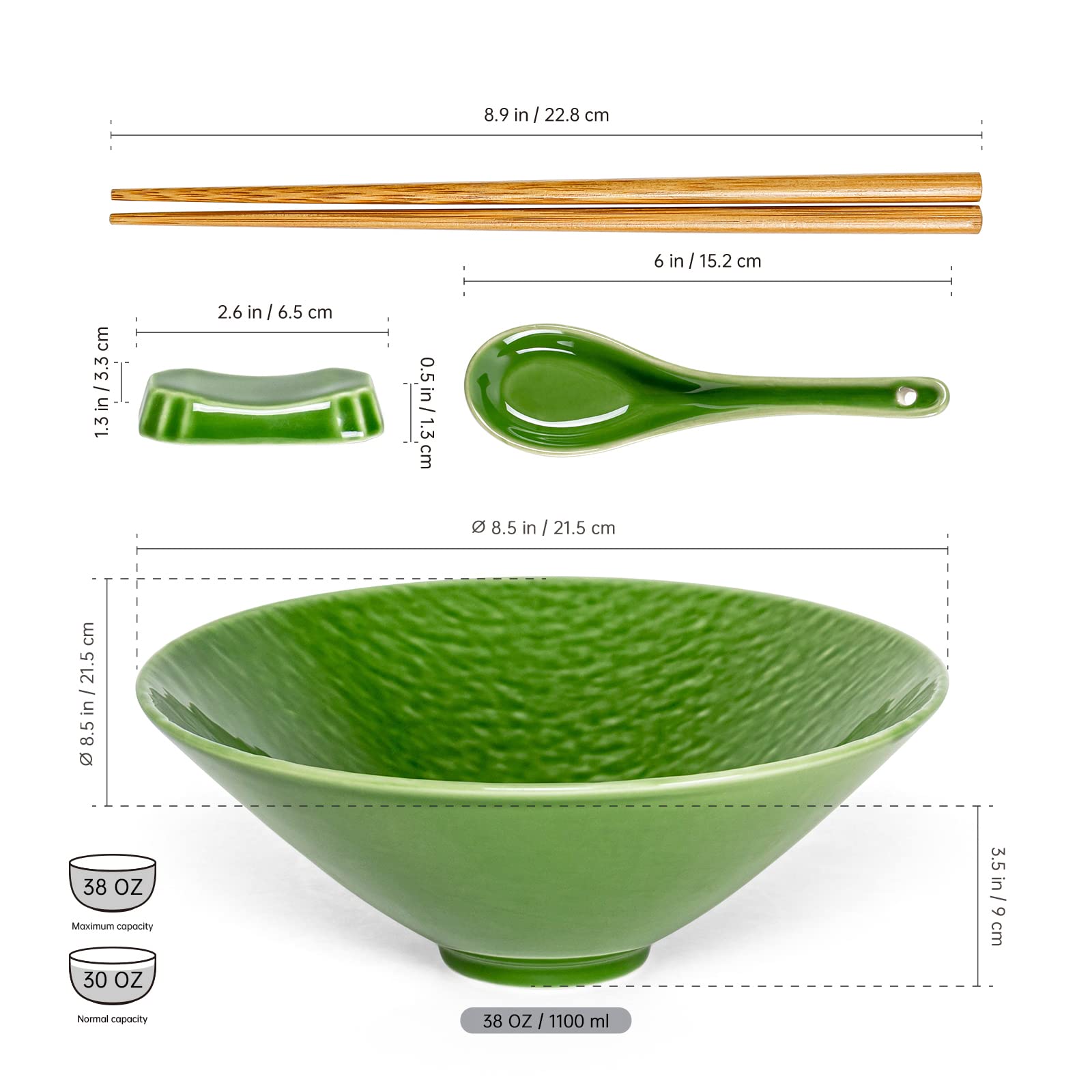 UNICASA 38oz Large Japanese Ramen Bowl Set with Chopsticks, Spoons and Stands, Ceramic Noodle Bowl Set of 2 for Udon, Pho, Soba, Salad and Soup – Reactive Glazed Light Green