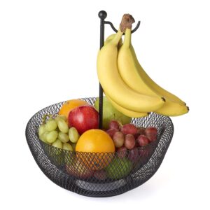 Nifty Banana Hook Mesh Fruit Bowl – Black Powder Coated Design, Double Walled Basket, Modern Kitchen Counter Organizer, Decorative Home Storage Holder