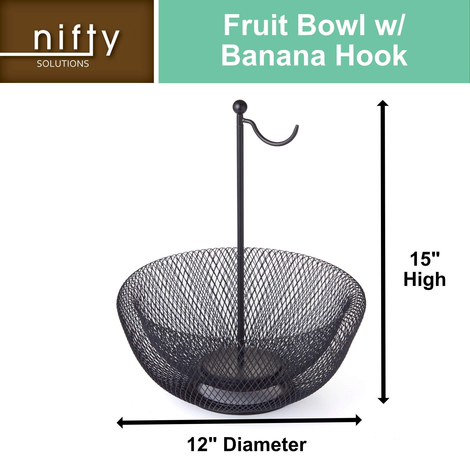 Nifty Banana Hook Mesh Fruit Bowl – Black Powder Coated Design, Double Walled Basket, Modern Kitchen Counter Organizer, Decorative Home Storage Holder