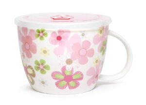 microwavable ceramic noodle bowl with handle and seal fine porcelain floral design (cherryblossom)