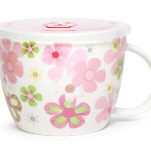 Microwavable Ceramic Noodle Bowl with Handle and Seal Fine Porcelain Floral Design (CherryBlossom)