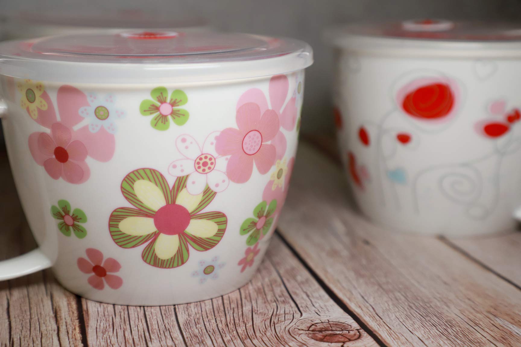 Microwavable Ceramic Noodle Bowl with Handle and Seal Fine Porcelain Floral Design (CherryBlossom)