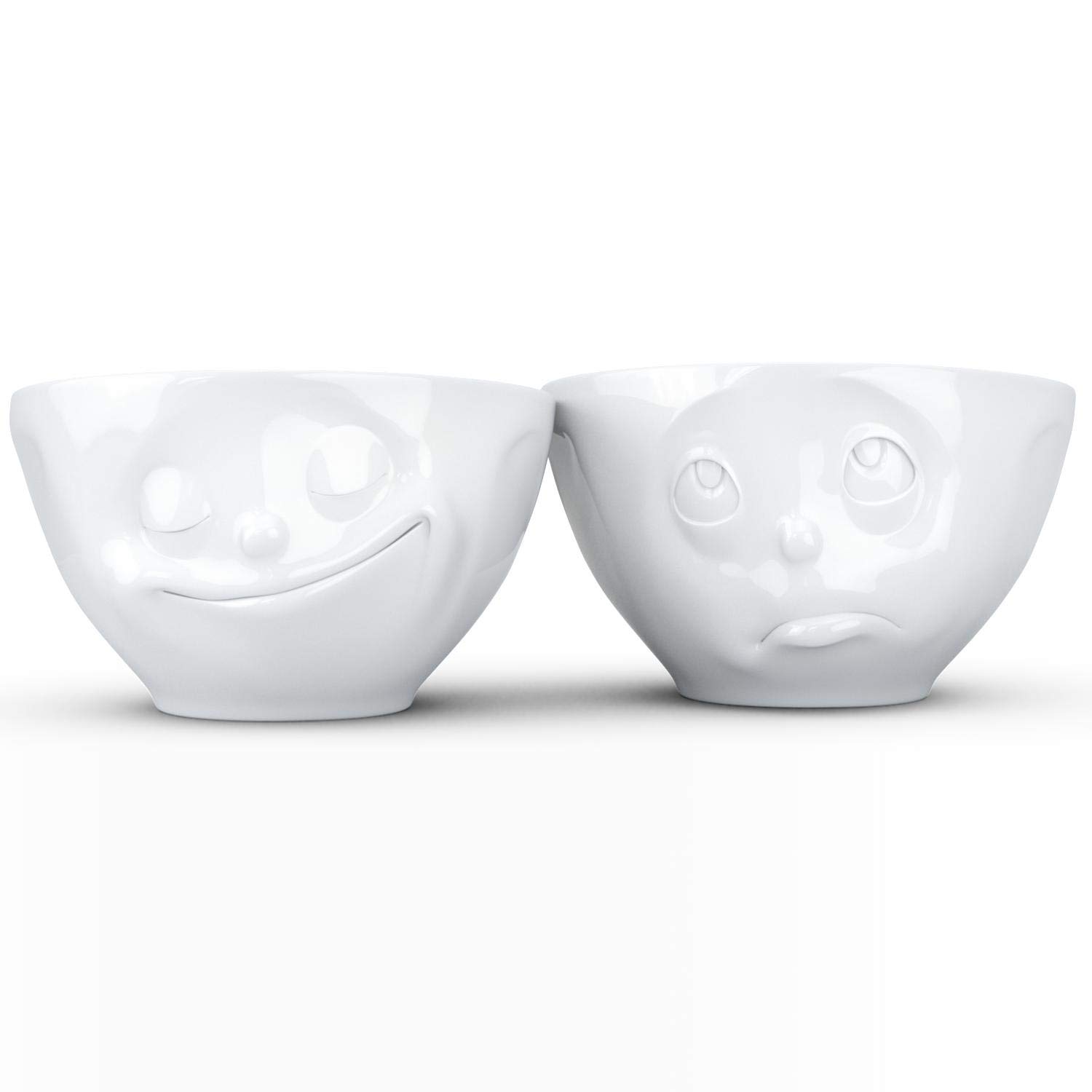 FIFTYEIGHT PRODUCTS TASSEN Medium Porcelain Bowl Set No. 2, Happy & Oh Please Face, 6.5 oz. White (Set of 2 Bowls)