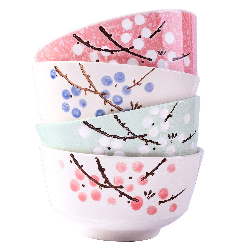 Whitenesser Japanese Rice Bowls Set of 4 Color - 5 Inch - Japanese Style Hand-painted Floral Plum Ceramic Bowls For Dessert Snack Cereal Soup and Rice