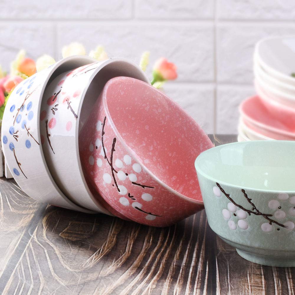 Whitenesser Japanese Rice Bowls Set of 4 Color - 5 Inch - Japanese Style Hand-painted Floral Plum Ceramic Bowls For Dessert Snack Cereal Soup and Rice