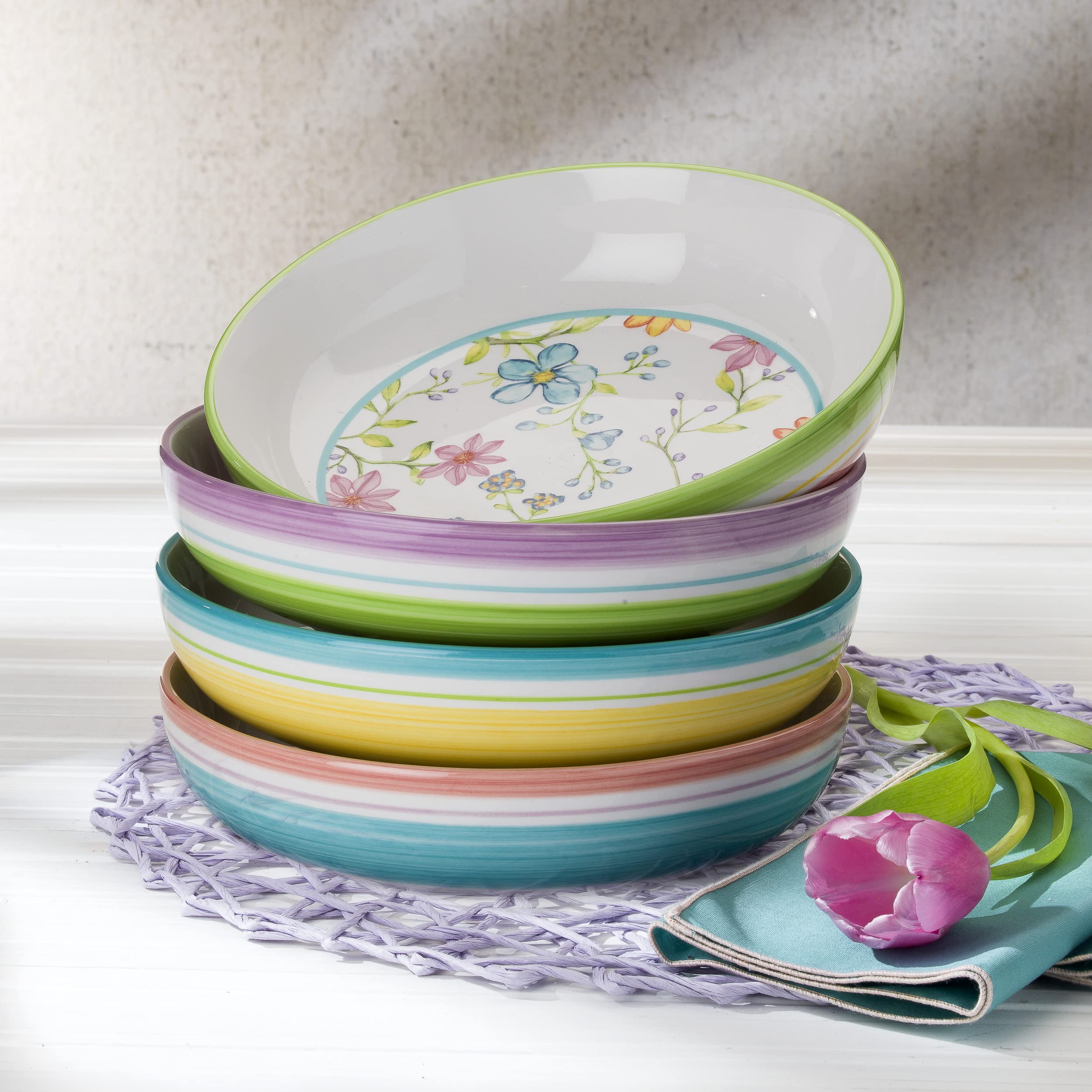 Euro Ceramica Charlotte Collection Pasta Bowls Set of 4 Service for 4, Watercolor Floral Design in Multicolor White Pink