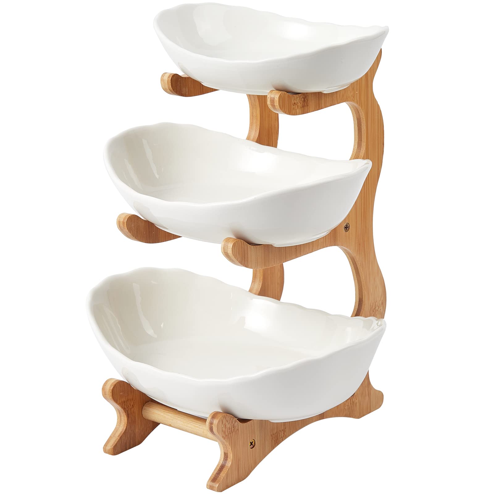 Goyappin 3 Tier Ceramic Fruit Bowl, with Bamboo Wood Stand, White Kitchen Fruit Basket Stand Fruit Serving Tray Set for Vegetable Storage, Snack Dessert Cake Candy Tray Plate Holder