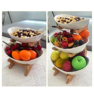 Goyappin 3 Tier Ceramic Fruit Bowl, with Bamboo Wood Stand, White Kitchen Fruit Basket Stand Fruit Serving Tray Set for Vegetable Storage, Snack Dessert Cake Candy Tray Plate Holder