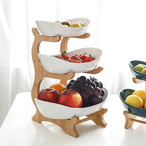 Goyappin 3 Tier Ceramic Fruit Bowl, with Bamboo Wood Stand, White Kitchen Fruit Basket Stand Fruit Serving Tray Set for Vegetable Storage, Snack Dessert Cake Candy Tray Plate Holder