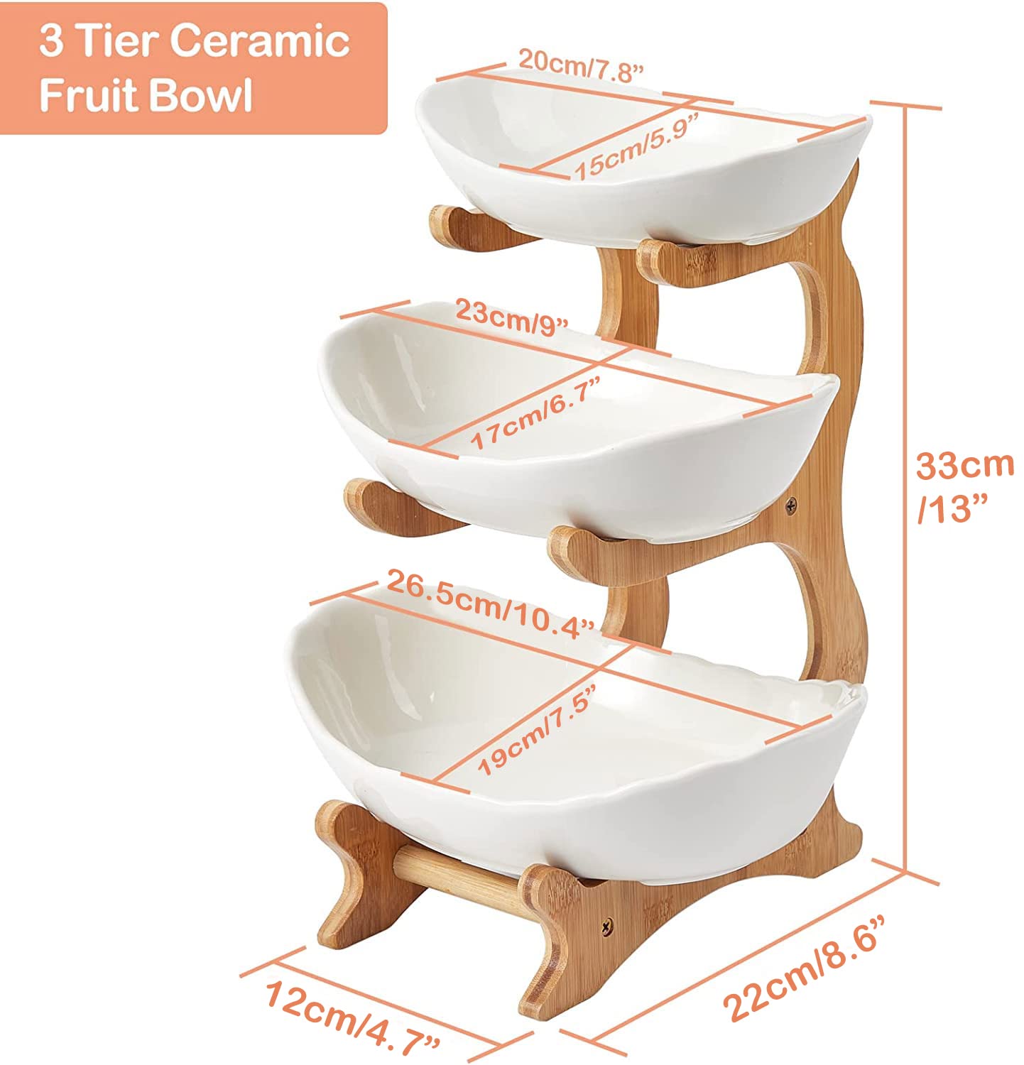 Goyappin 3 Tier Ceramic Fruit Bowl, with Bamboo Wood Stand, White Kitchen Fruit Basket Stand Fruit Serving Tray Set for Vegetable Storage, Snack Dessert Cake Candy Tray Plate Holder