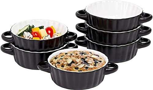 Bruntmor Ceramic Soup Bowls with Double Handles, 10 Oz Stacked Bowls for French Onion Soup, Cereal, Pot Pies, Stew, Chill, Pasta, Set of 6,Black with White Interior