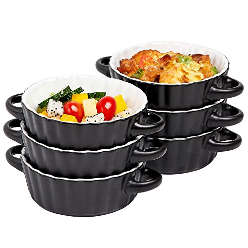 Bruntmor Ceramic Soup Bowls with Double Handles, 10 Oz Stacked Bowls for French Onion Soup, Cereal, Pot Pies, Stew, Chill, Pasta, Set of 6,Black with White Interior