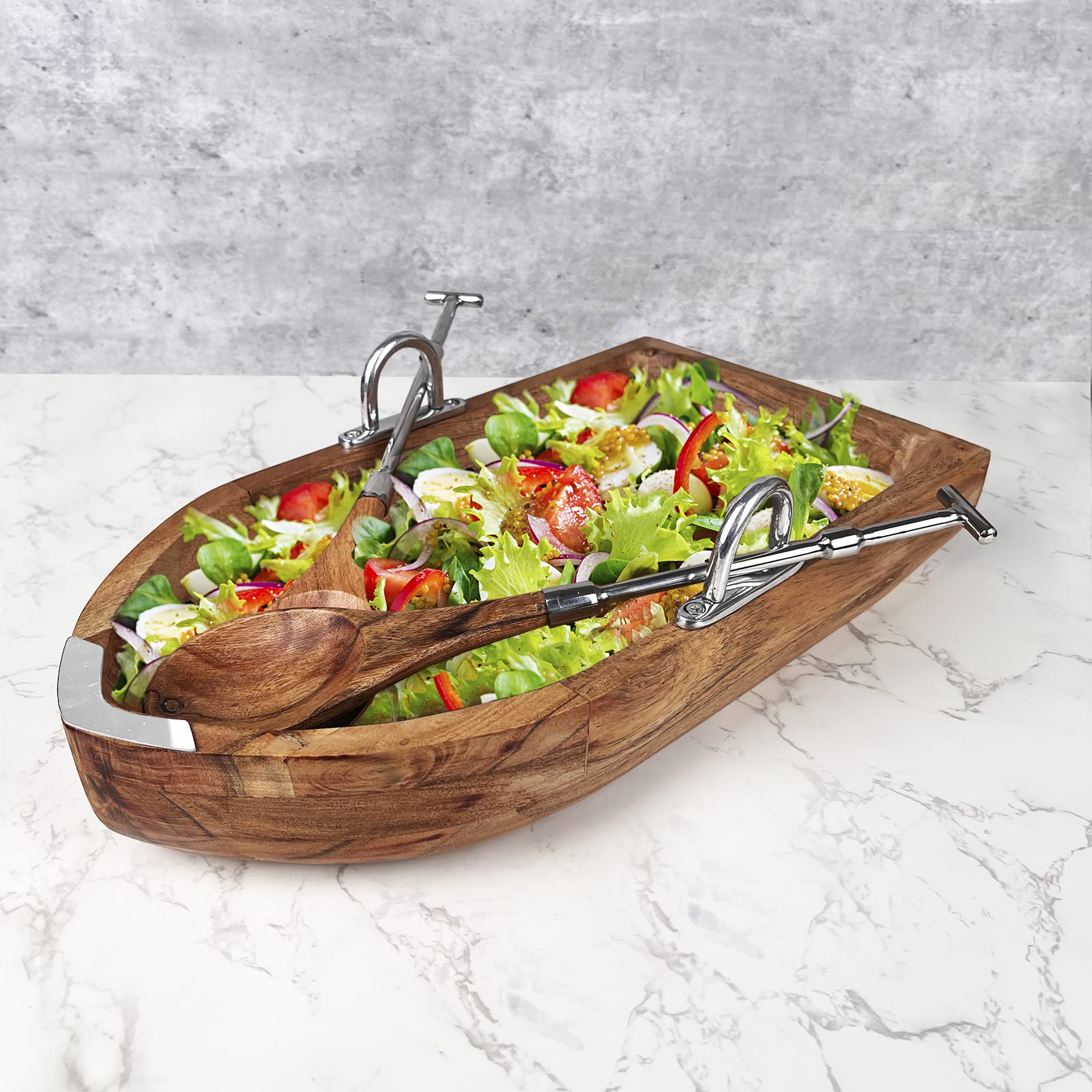 GUTE Rowboat Serving Bowl with a Pair of Wood Serving Utensils, Boat Salad Bowl approx. 16" L x 6" W x 5" H 50 fl. oz. Capacity (Wood with Oars)