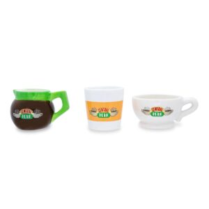 silver buffalo friends central perk logo 3pc ceramic 3d sculpted mini cup set, perfect as a sugar, cream, or milk set, 3.5 ounces