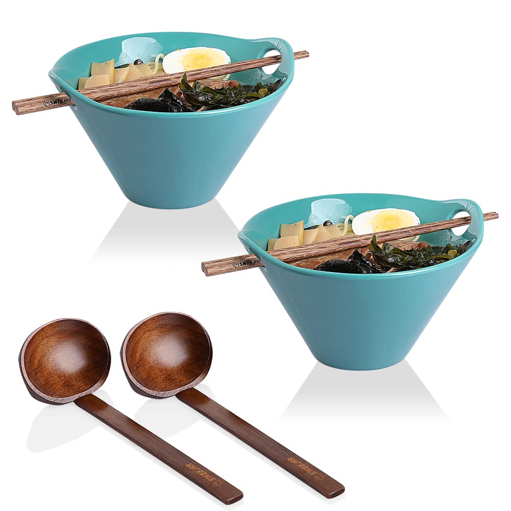 Sweejar Porcelain Ramen Bowls, Japanese Ramen Noodle Bowl with Chopsticks And Spoons, 25 oz Deep Bowl for Soup, Salad, Pho, Udon, Reactive Glaze, Set of 2 (Turquoise)