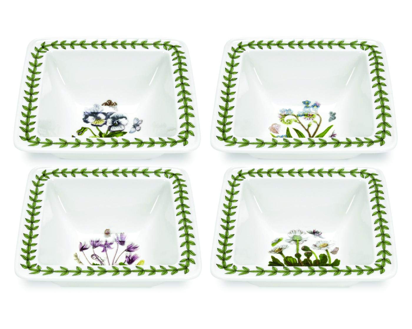 Portmeirion Botanic Garden Square Mini Bowls | Set of 4 Small Bowls with Assorted Motifs | 4 Inch | Made from Porcelain | Microwave and Dishwasher Safe